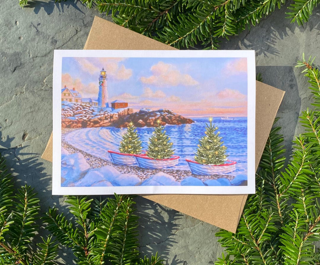Lighthouse Christmas Card, Portland Headlight Holiday Card Set, Coastal ...