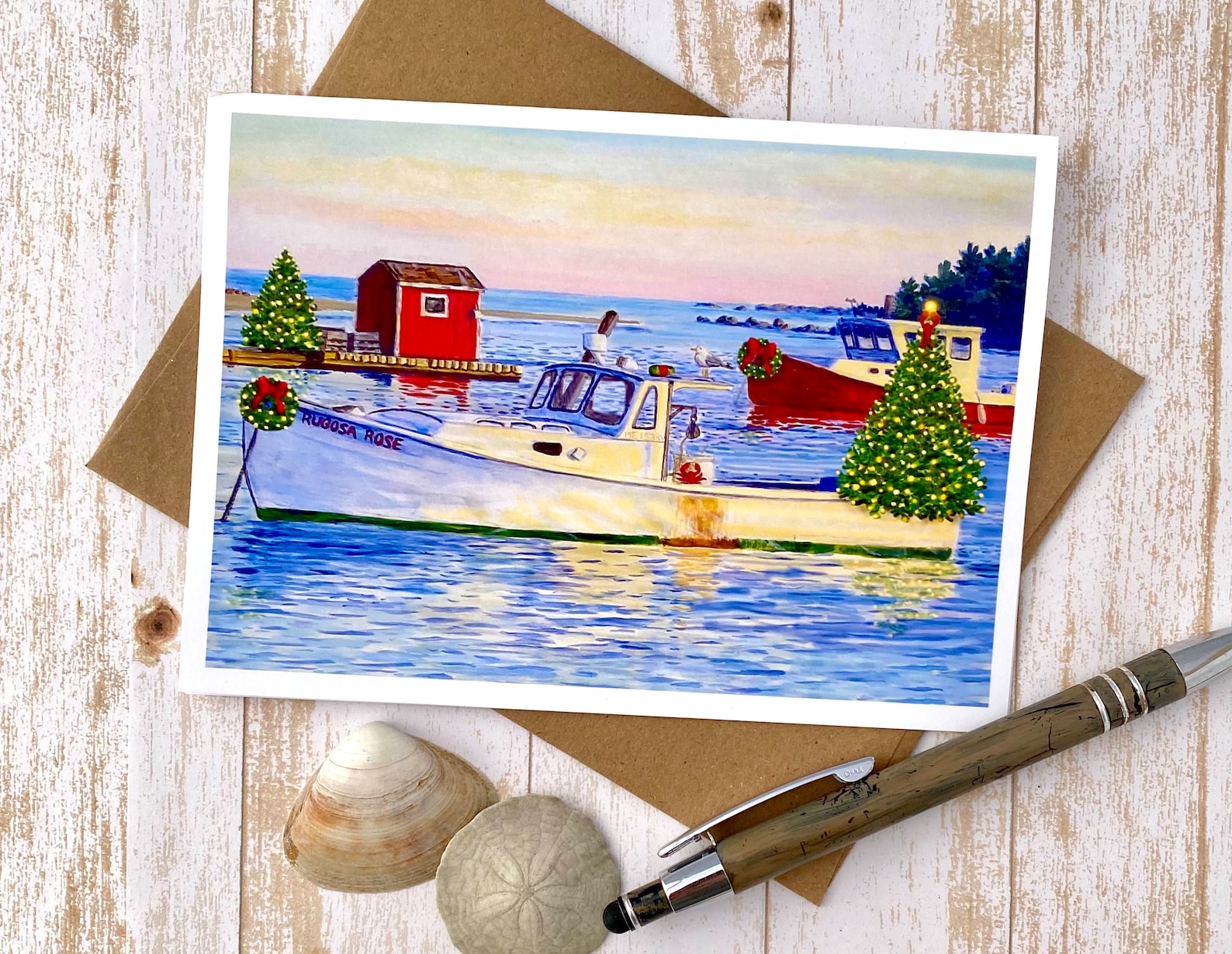Coastal Christmas Card, 10 Card Set, Ocean Holiday Card, Rustic Boat ...