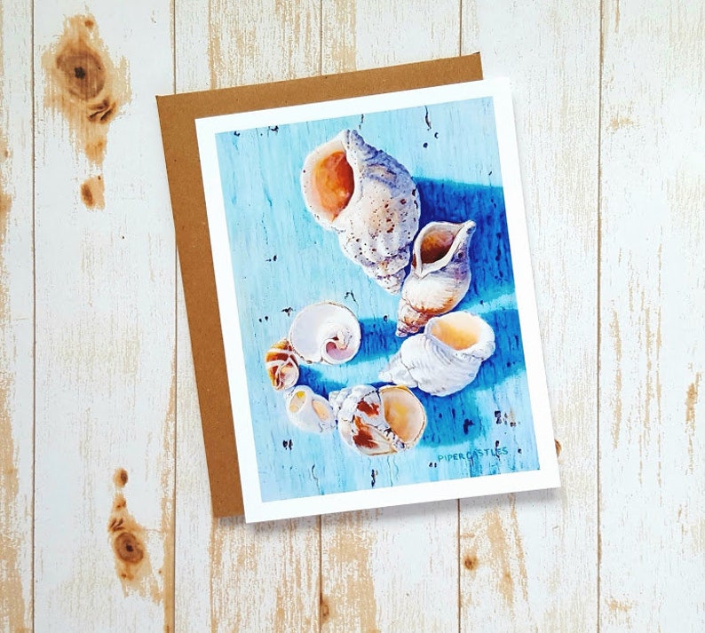 Shell Card, Beach Shell Art, Seashell Card, Blank Shell Card, Teal Card ...