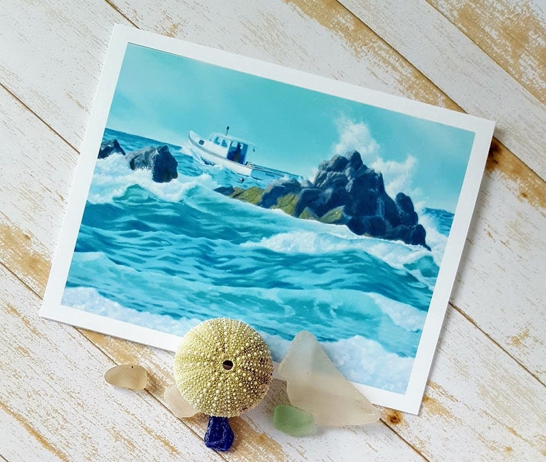 Coastal Note Card Nautical Greeting Card Lobster Boat | Etsy