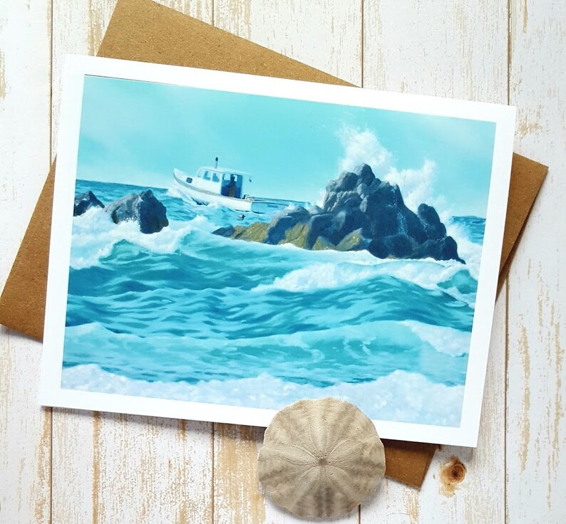 Coastal Note Card Nautical Greeting Card Lobster Boat | Etsy