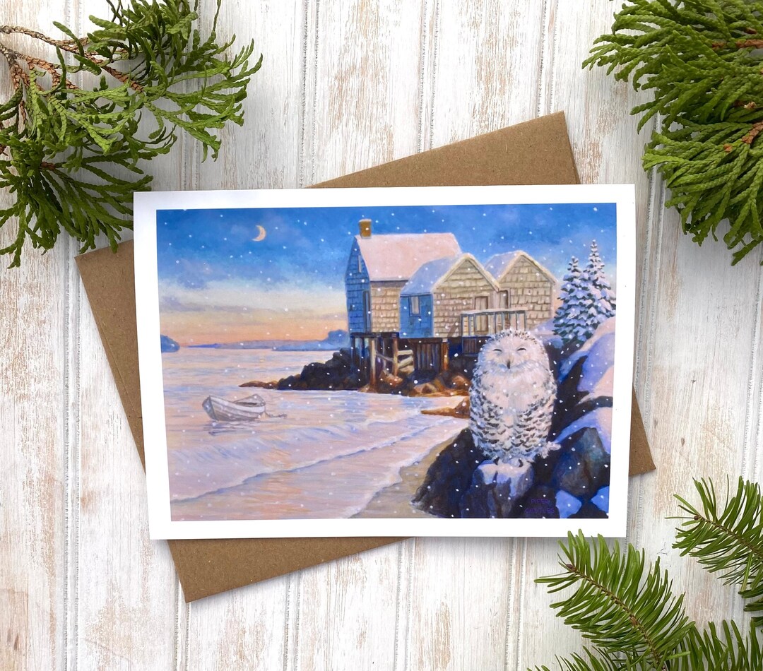 Snowy Owl Coastal Christmas Card, 10 Card Set, Winter Solstice ...