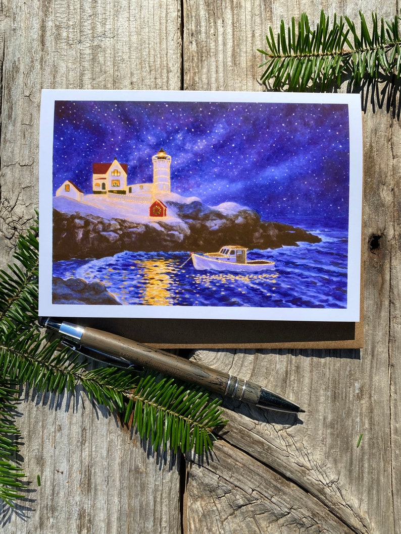 Nubble Lighthouse Christmas Card, 10 Card Set, Coastal Holiday Card ...