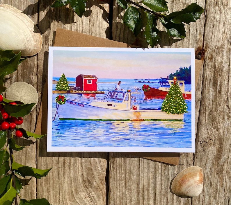 Coastal Christmas Card, 10 Card Set, Ocean Holiday Card, Rustic Boat ...