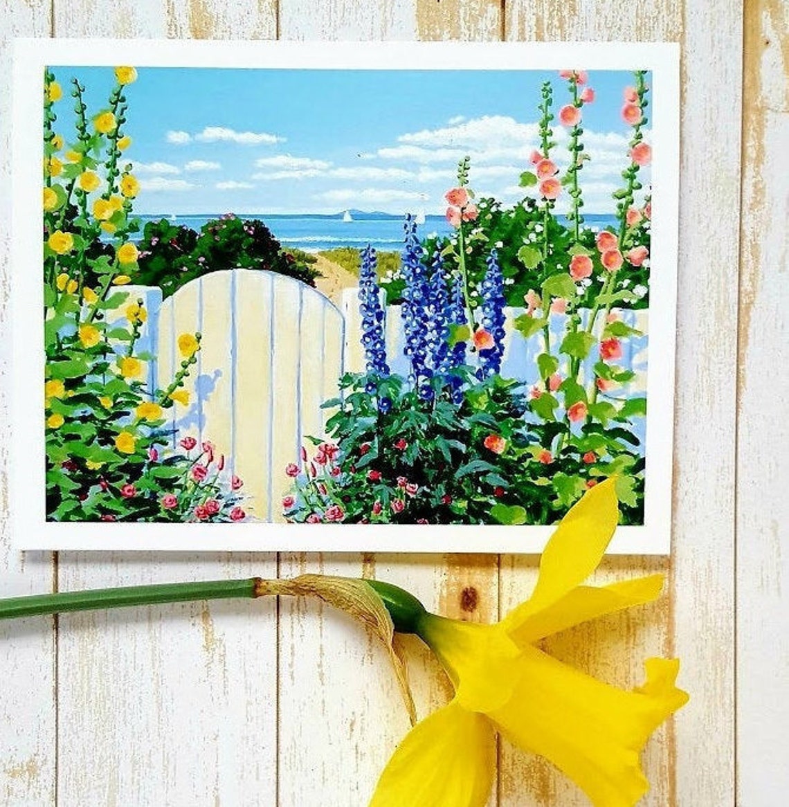 Garden Gate Cards Hollyhock Painting Ocean Card Flower - Etsy