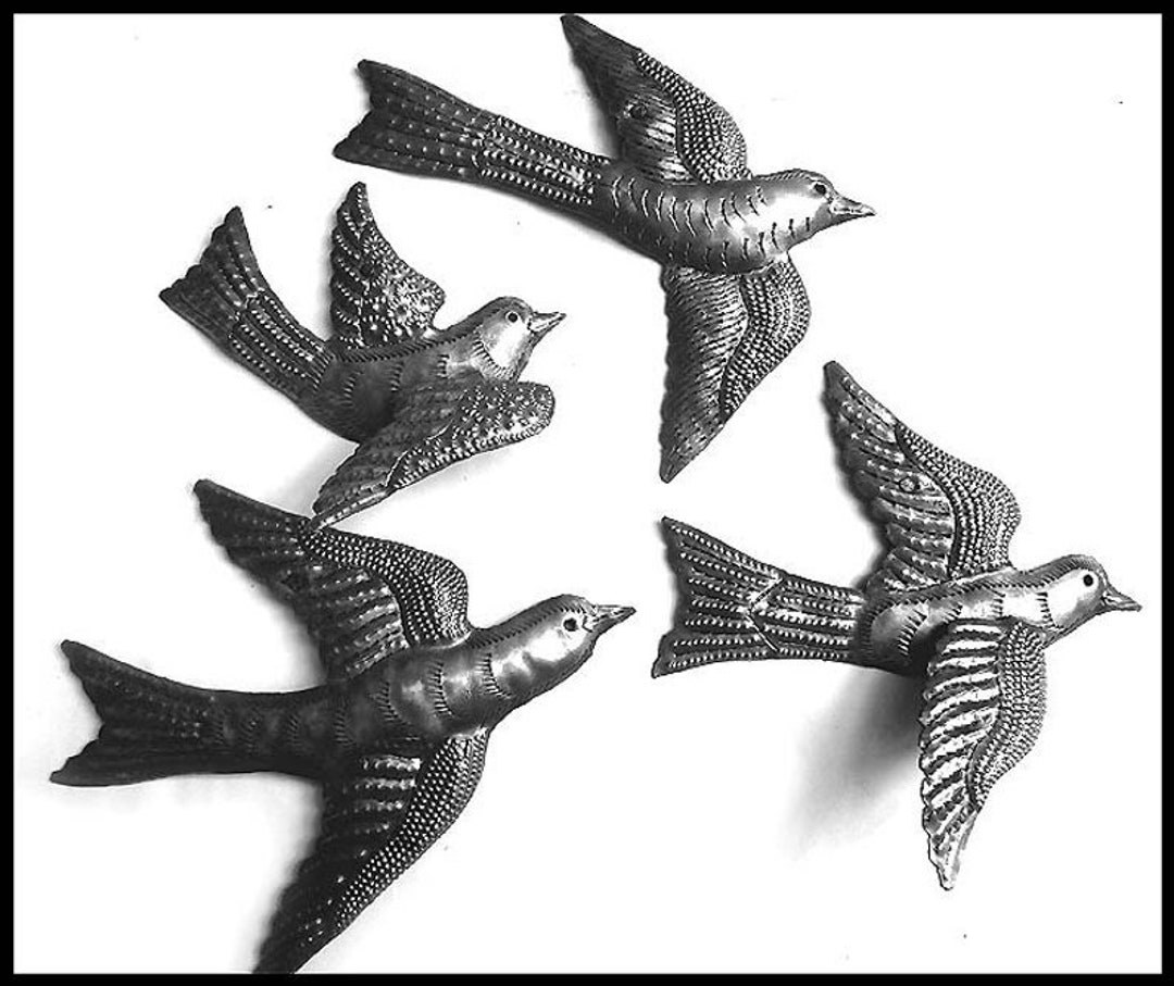 4 METAL BIRDS, Flock of Birds, 7, Bird Wall Hanging Haitian Steel Drum ...