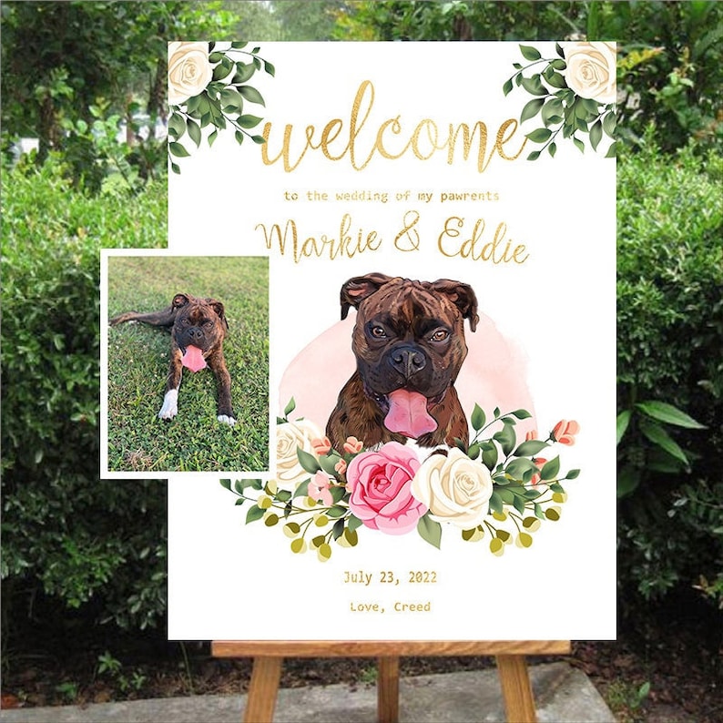 Personalized Wedding Welcome Sign With White Flowers and Pet Friendly ...
