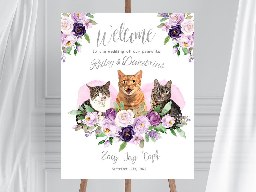 Wedding Welcome Sign Cat With Violet Flower Welcome to Our Wedding Sign ...