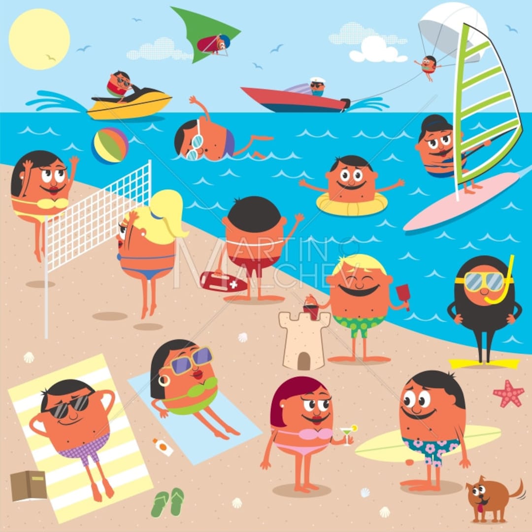Cartoon Beach Scene With People