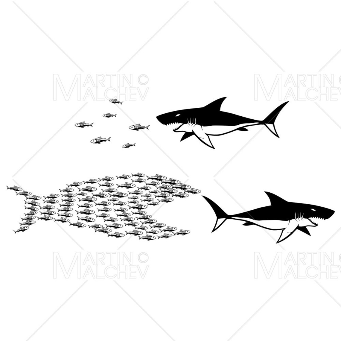 Big Fish Small Fish Vector Illustration. Shark, Water, Sea, Chase ...