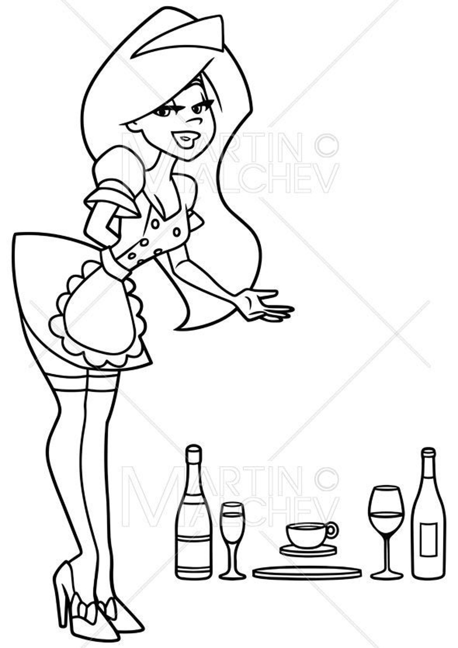 Maid Serving Drinks Line Art Vector Illustration Maid, Woman, Job ...