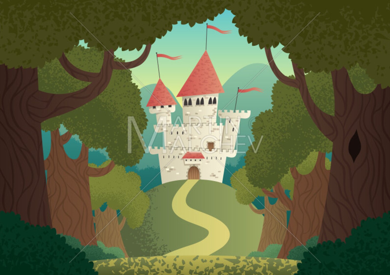 Paysage de Château Vector Illustration de dessin animé. Bastion, fort ...