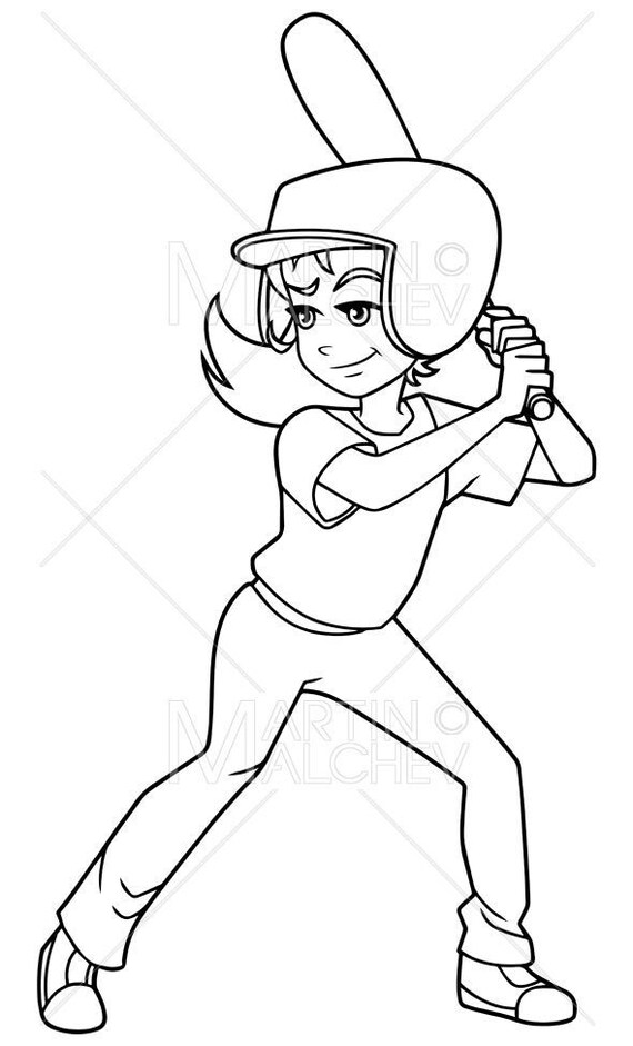 Baseball Batter Girl Line Art Vector Illustration Girl - Etsy