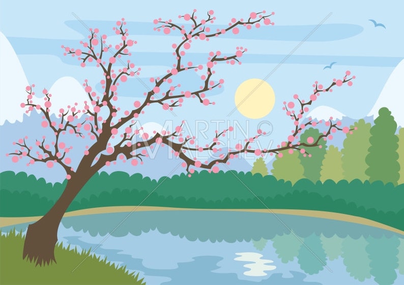 Sakura Vector Cartoon Illustration. Landscape, Mountain, Lake, River ...