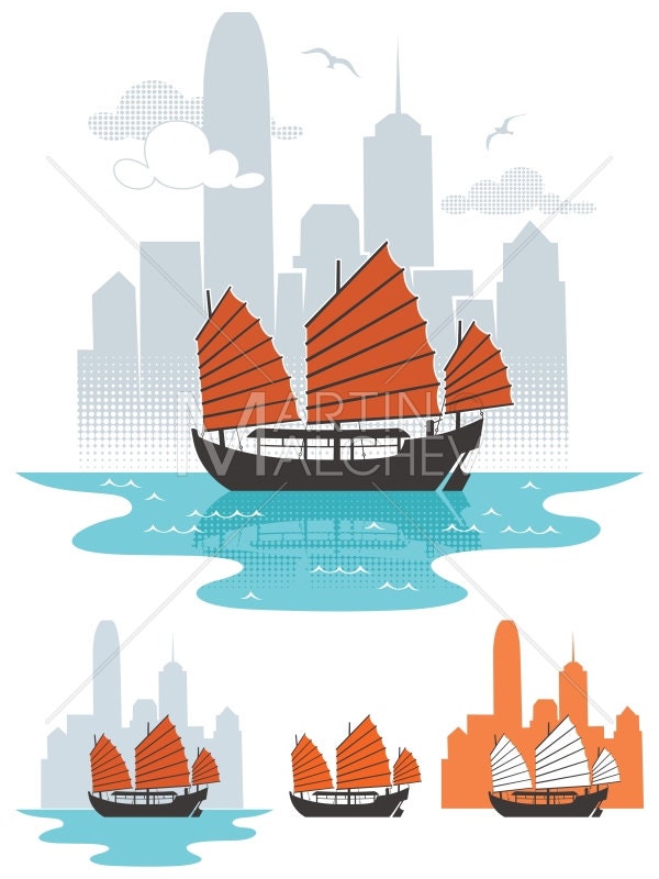 Hong Kong Vector Illustration de dessin animé. jonque de bateau, bateau ...