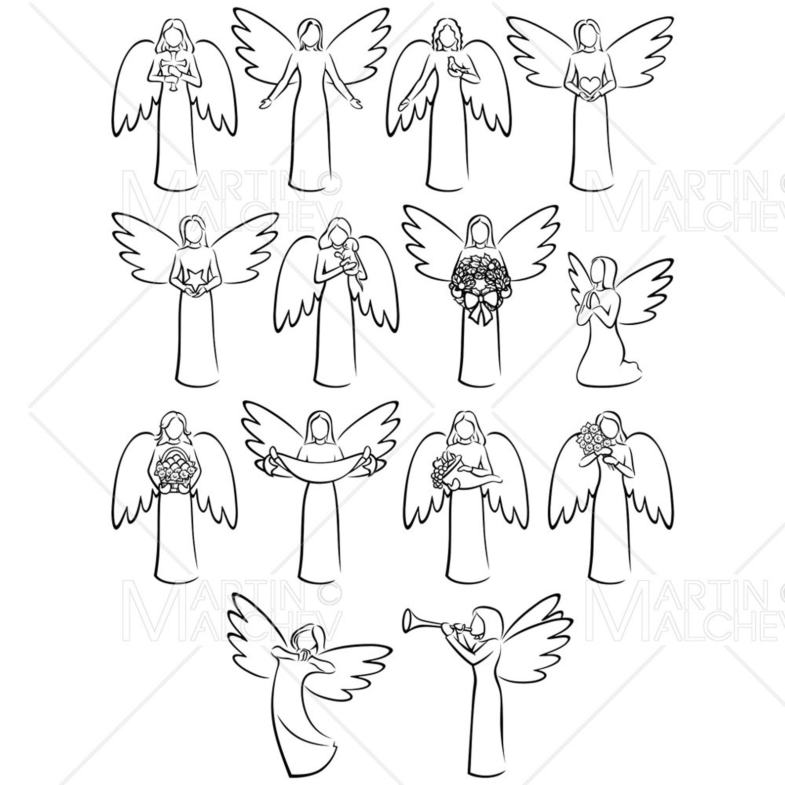 Angels Line Art Set. Angel, Decoration, Set, Christian, Christmas ...