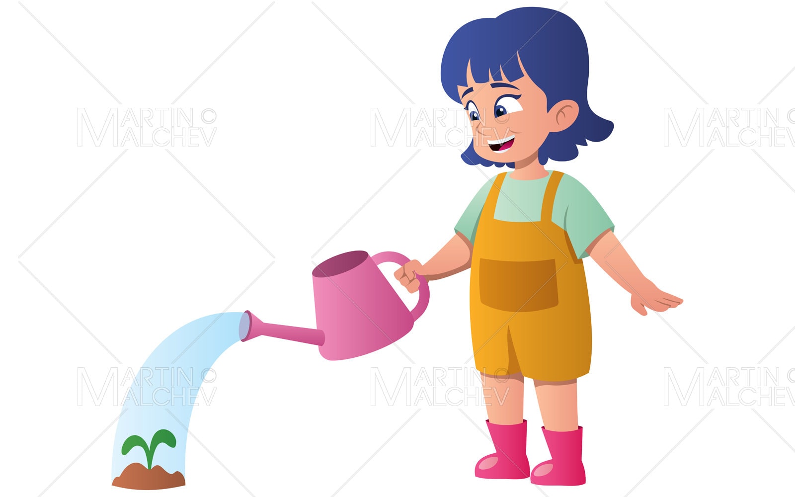 Boy Watering Plants Cartoon