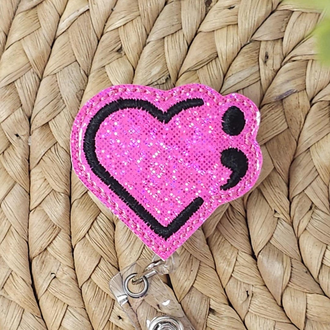 Pink Holographic Glitter Vinyl Semicolon Heart Retractable Badge Holder ...