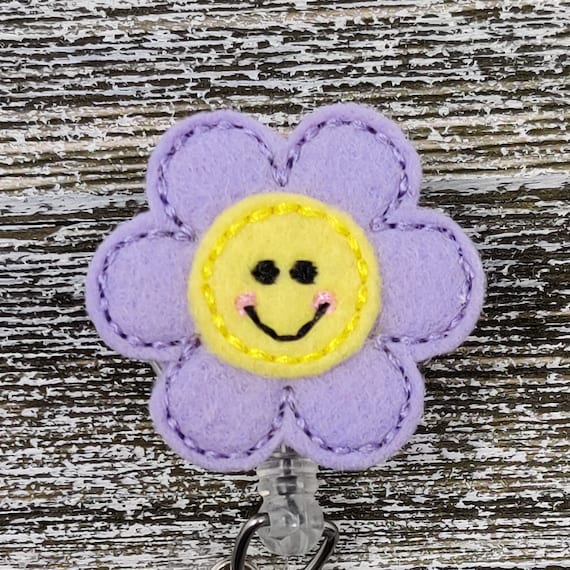 Lavender and Yellow Felt Smiley Flower Badge Holder Smiley | Etsy