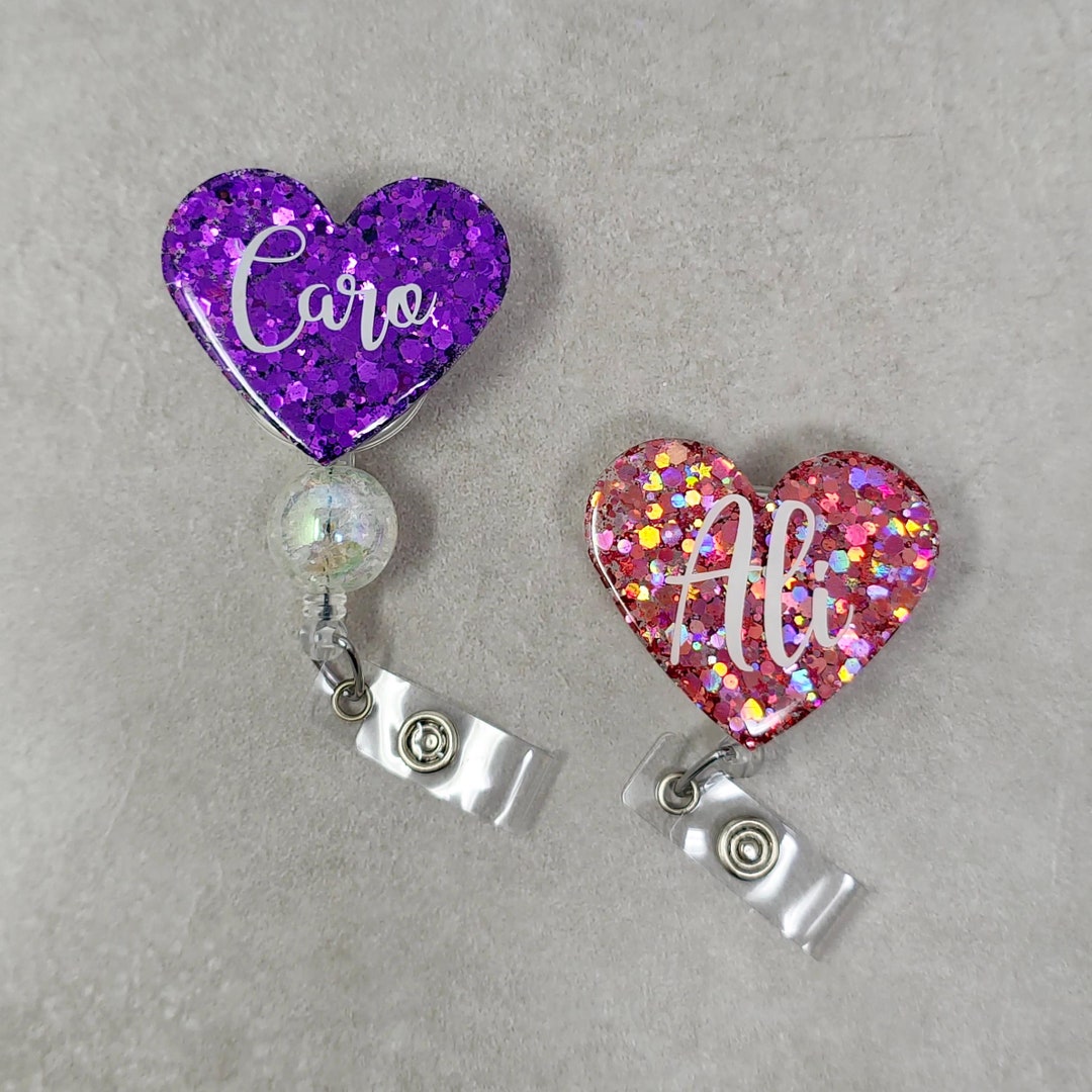 Customizable Glitter Resin Heart Badge Holder, Monogram Resin Heart ...