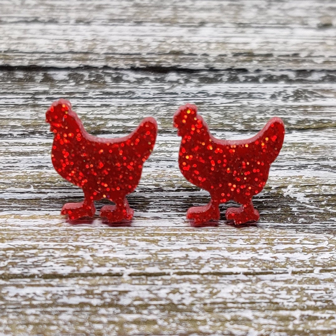 Red Glitter Chicken Stud Earrings - Etsy 日本