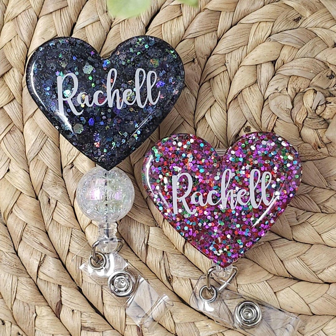 Customizable Glitter Resin Heart Badge Holder, Monogram Resin Heart ...