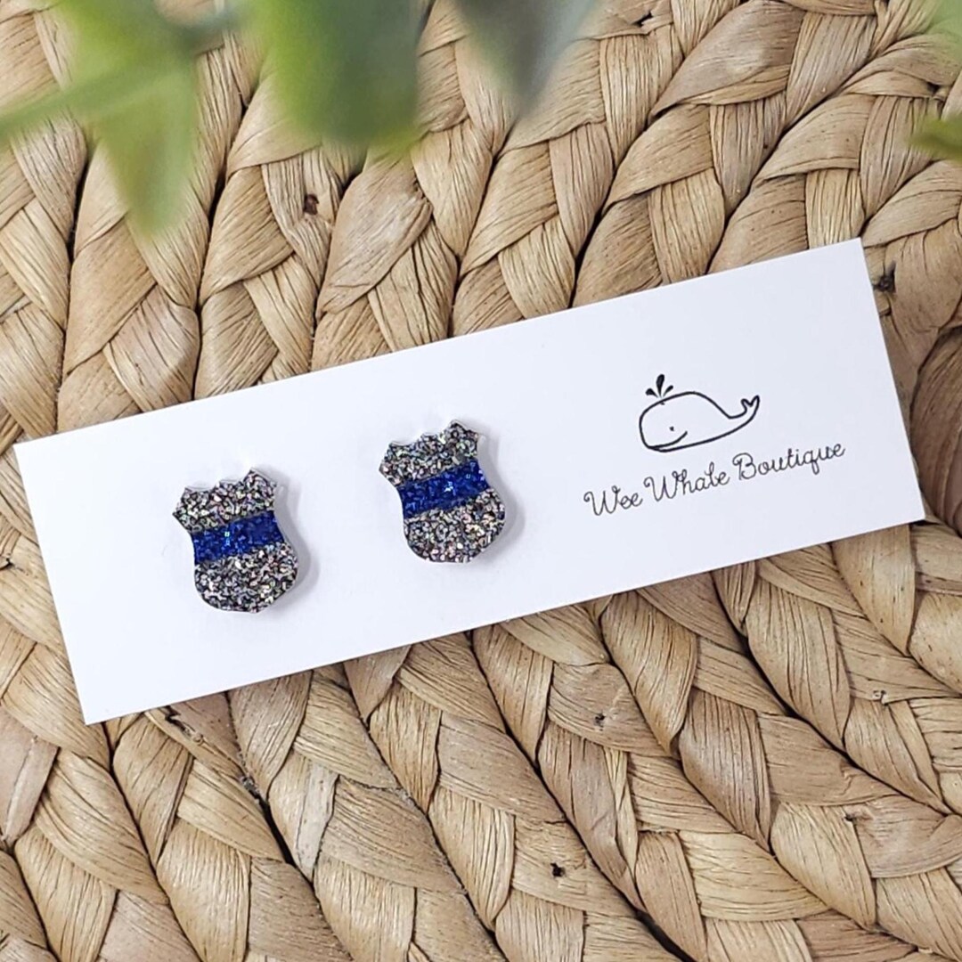 Thin Blue Line Stud Earrings, Police Badge Stud Earrings, Police Shield ...