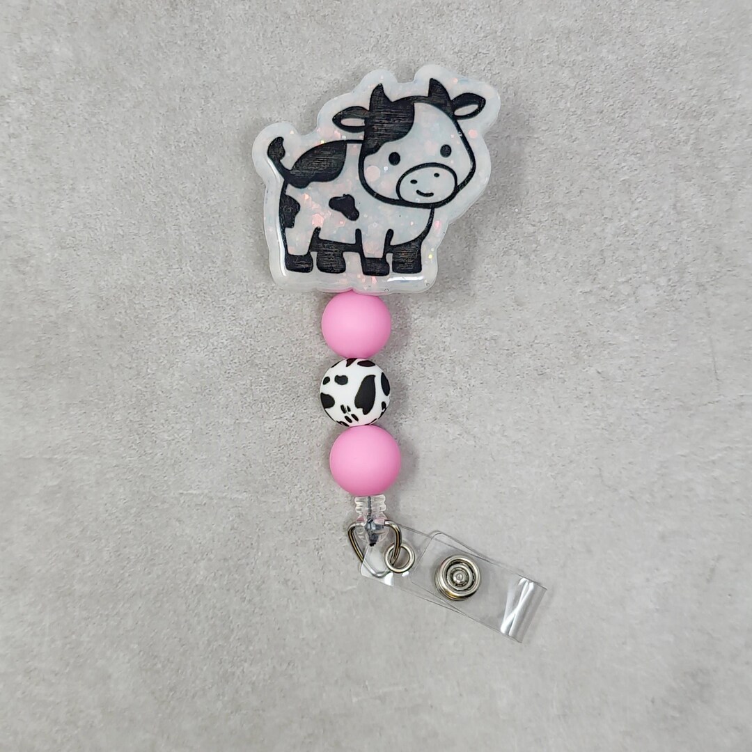 White Glitter Cow Retractable Badge Holder, Cow Retractable Badge Reel ...