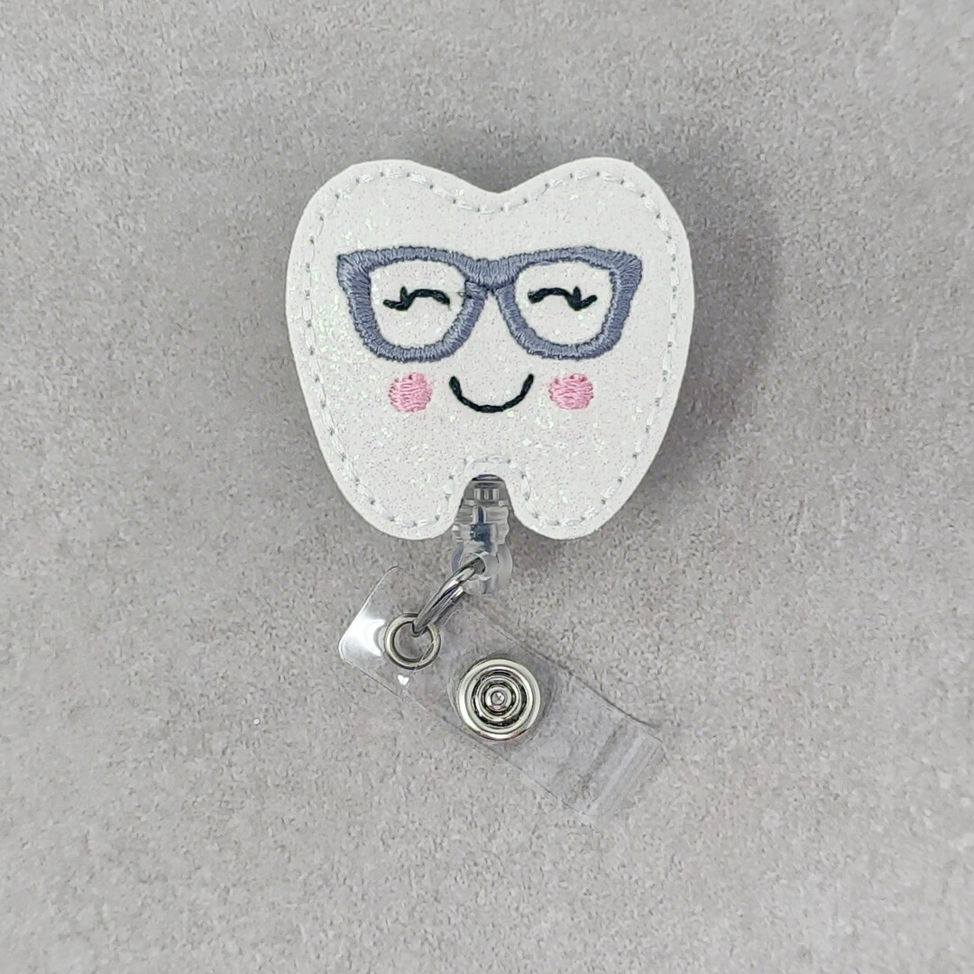 White Glitter Tooth Retractable Badge Holder, Dentist Badge Holder ...