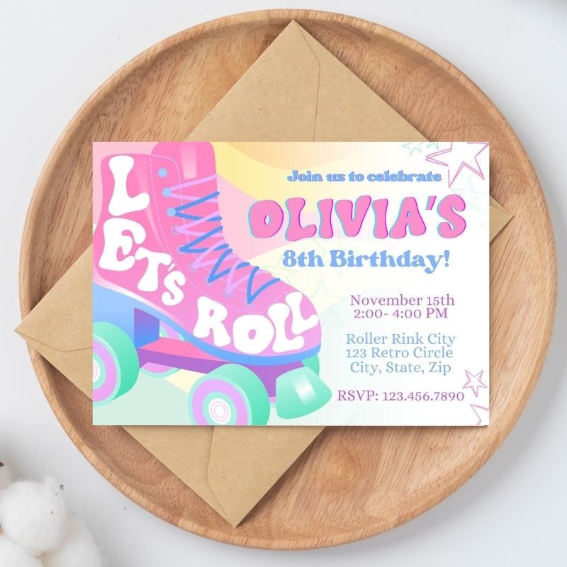 Roller Skate Birthday Invitation, Digital Girl Birthday Invitation ...