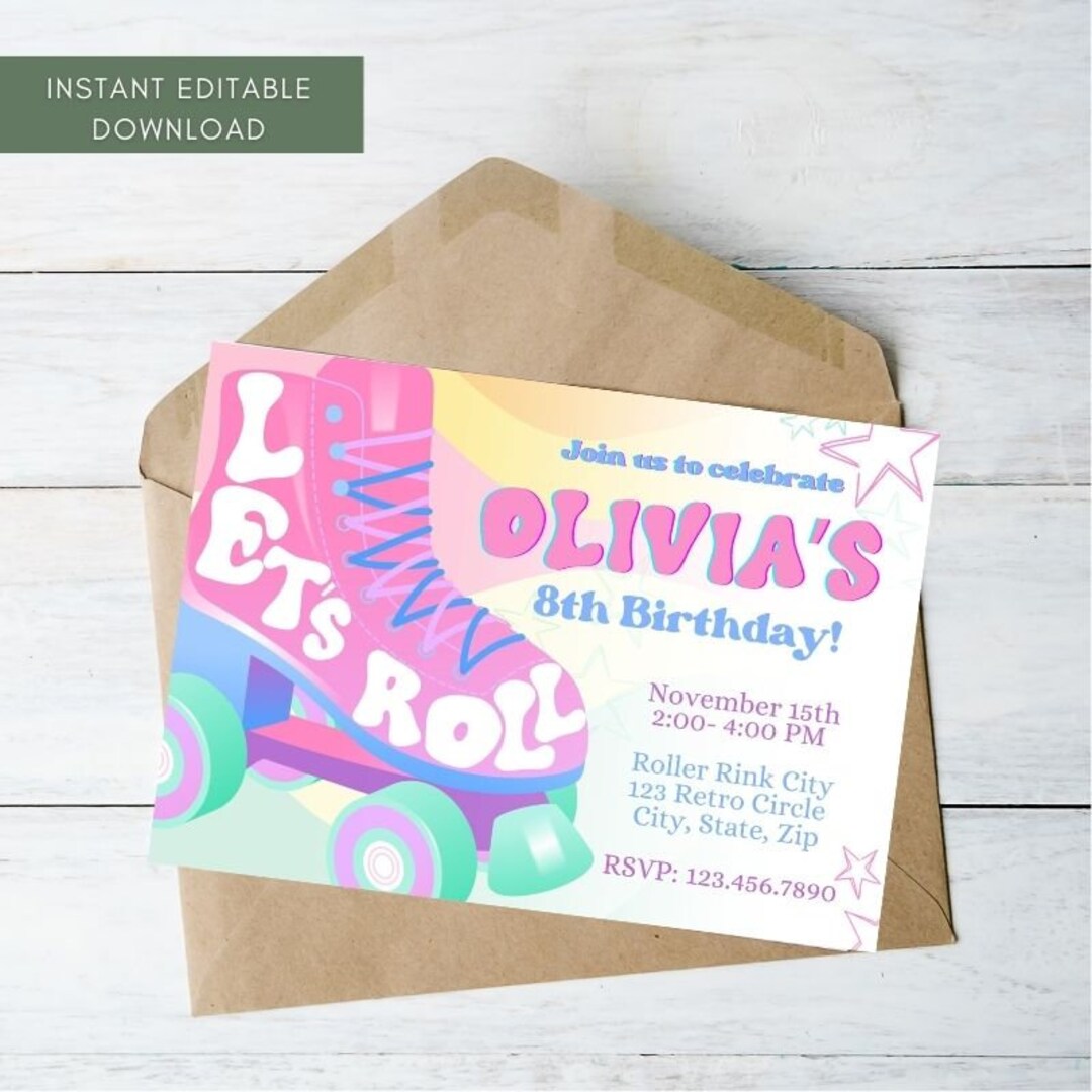 Roller Skate Birthday Invitation, Digital Girl Birthday Invitation ...