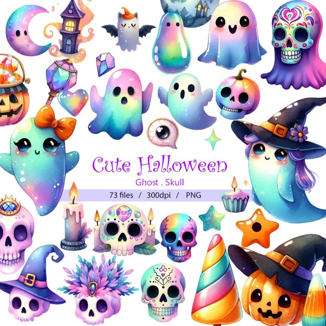 Cute Halloween Ghost Clip Art, Watercolor Kawaii Halloween, Skull ...