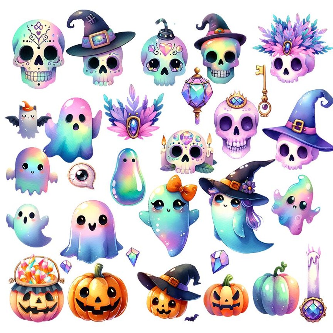 Cute Halloween Ghost Clip Art, Watercolor Kawaii Halloween, Skull ...