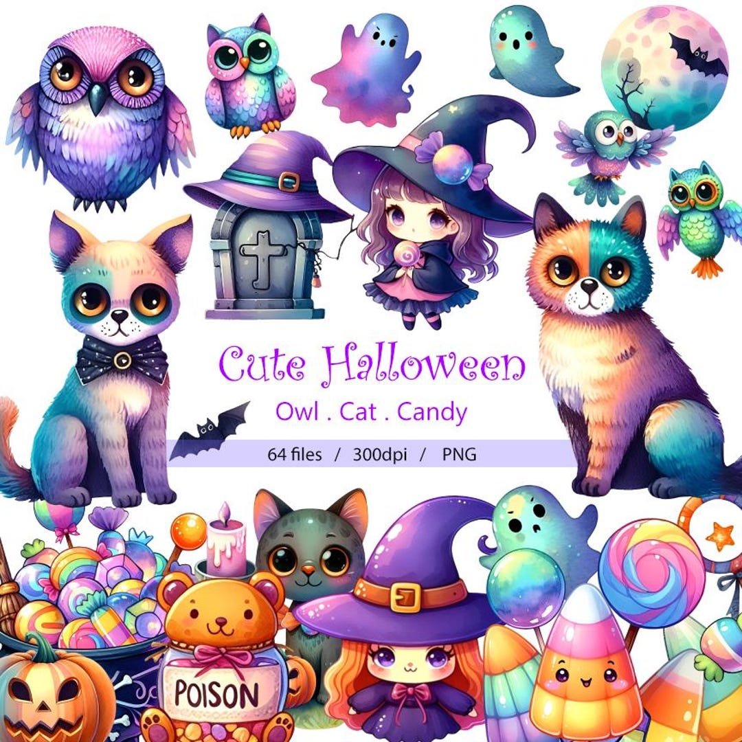 Cute Halloween Clip Art, Watercolor Kawaii Halloween, Witch, Pumpkin ...