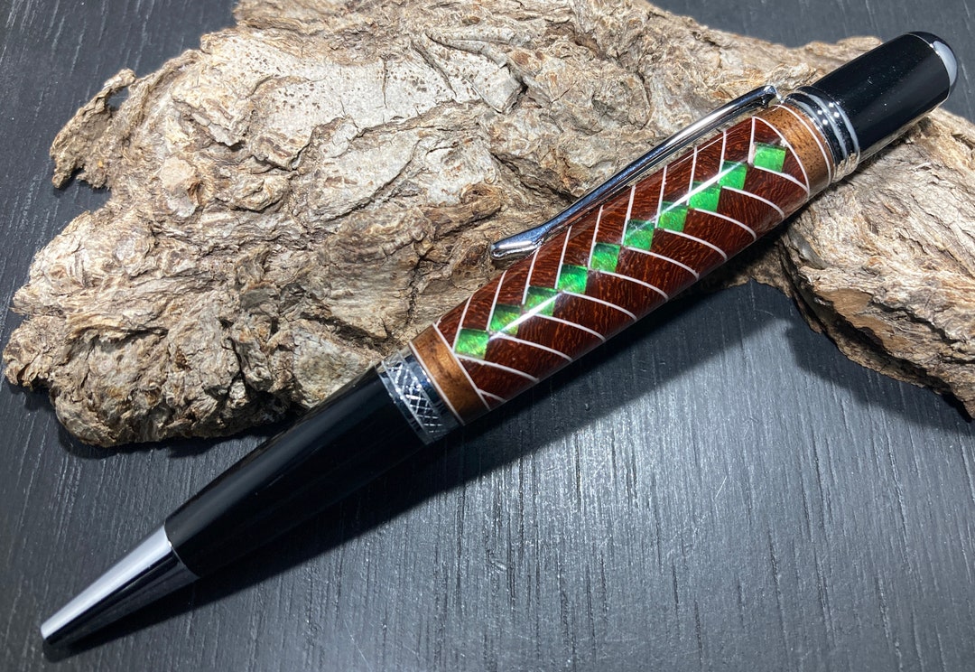Intricate Ballpoint Herringbone Pen With Padauk and Emerald Green ...