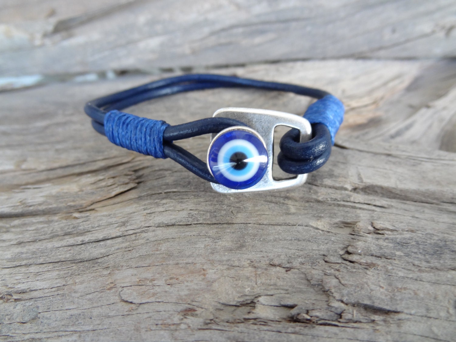 Men's Evil Eye Bracelet, Navy Blue Leather and Silver Hook Clasp, Men's ...