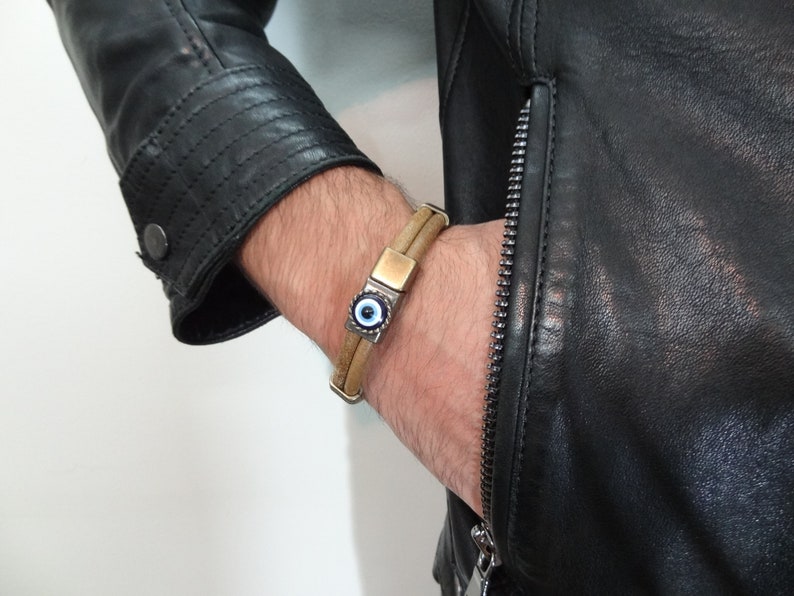 Men's Evil Eye Bracelet Natural Leather With Bronze - Etsy