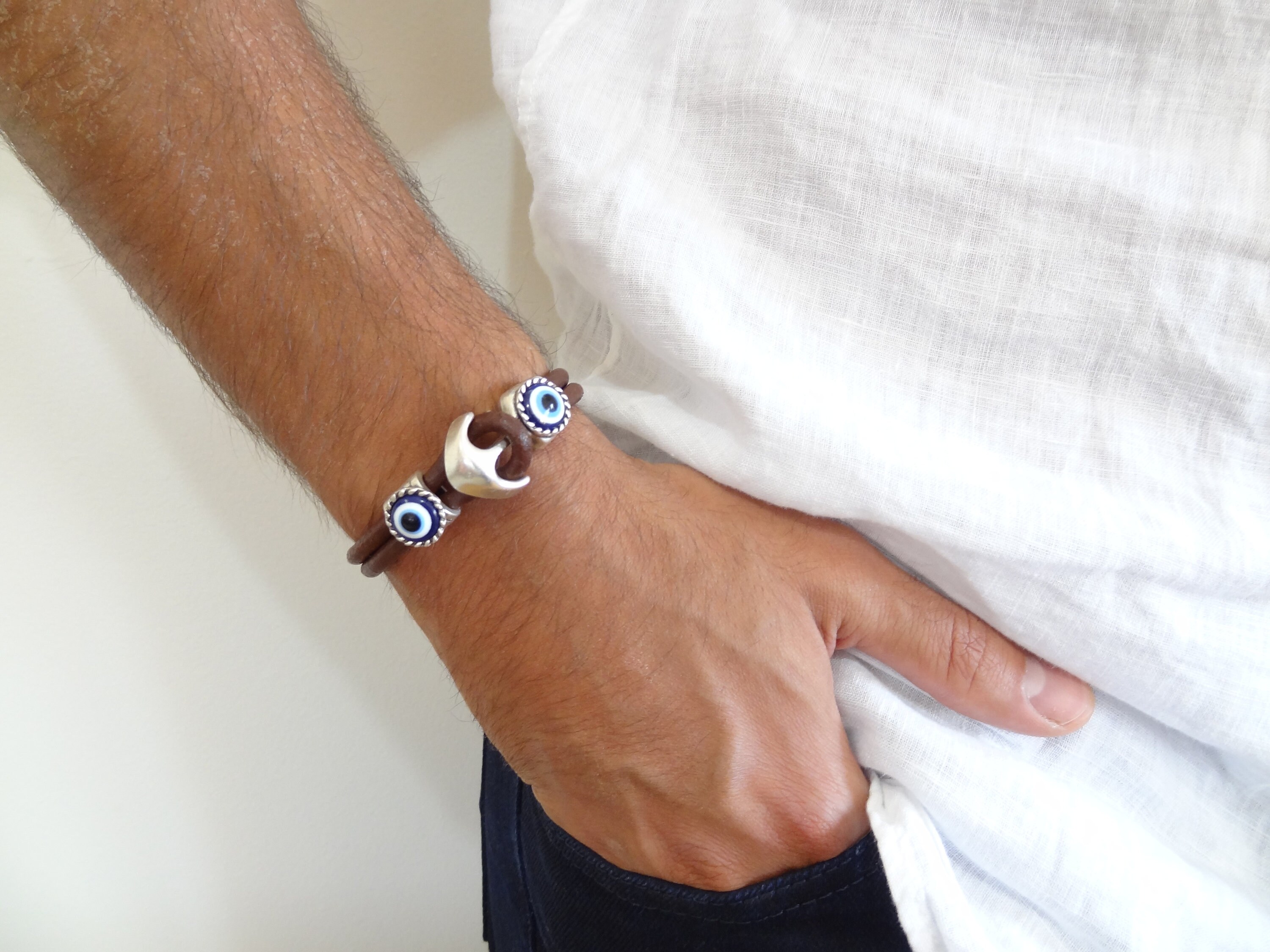 Men's Evil Eye Bracelet Brown Leather Bracelet - Etsy