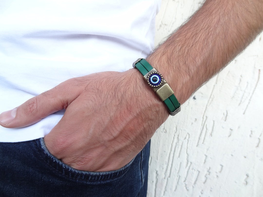 Men's Green Leather Evil Eye Bracelet: Bronze Magnetic Clasp - Etsy
