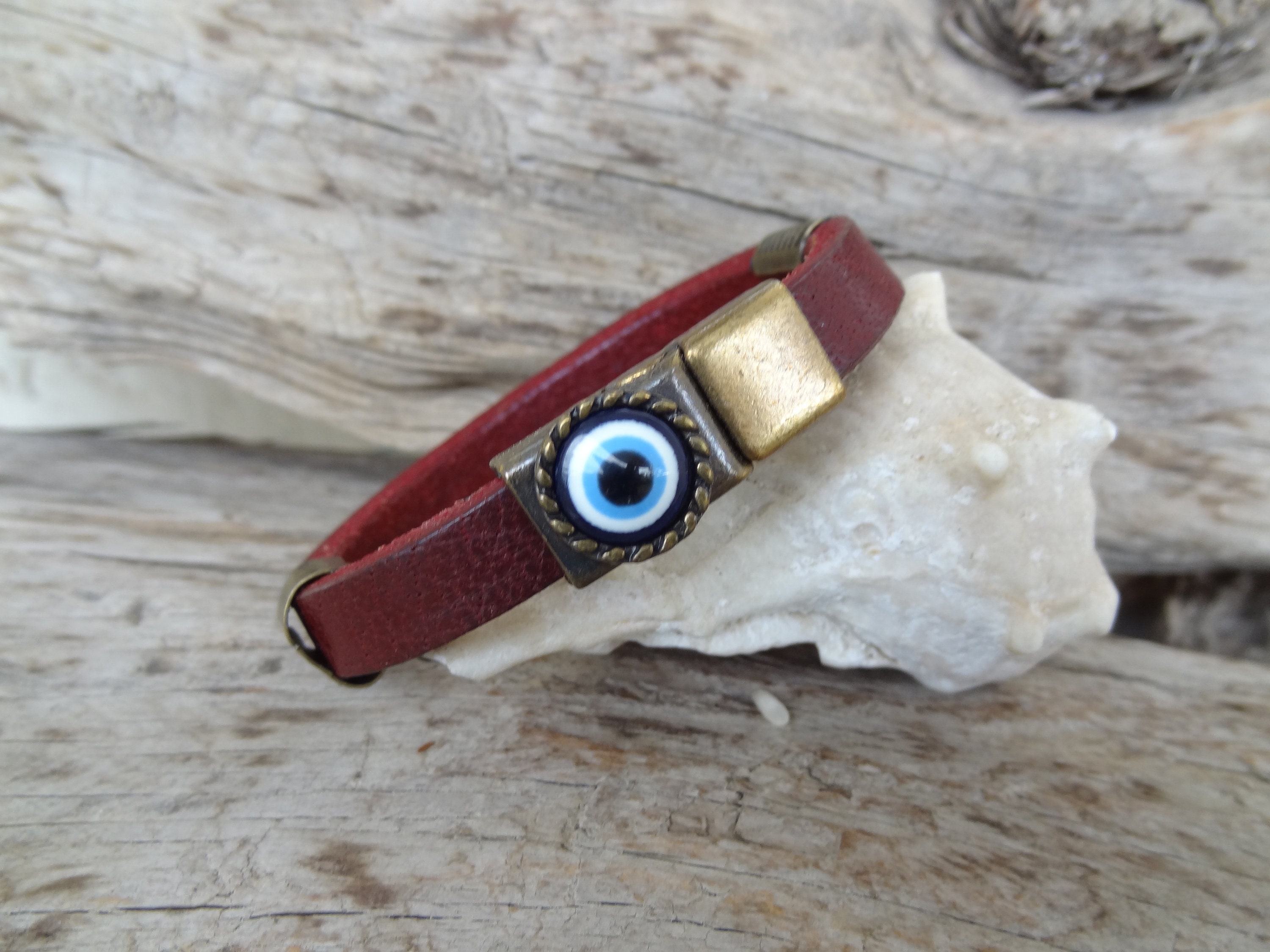 Men's Evil Eye Bracelet Burgundy Thick Leather With | Etsy