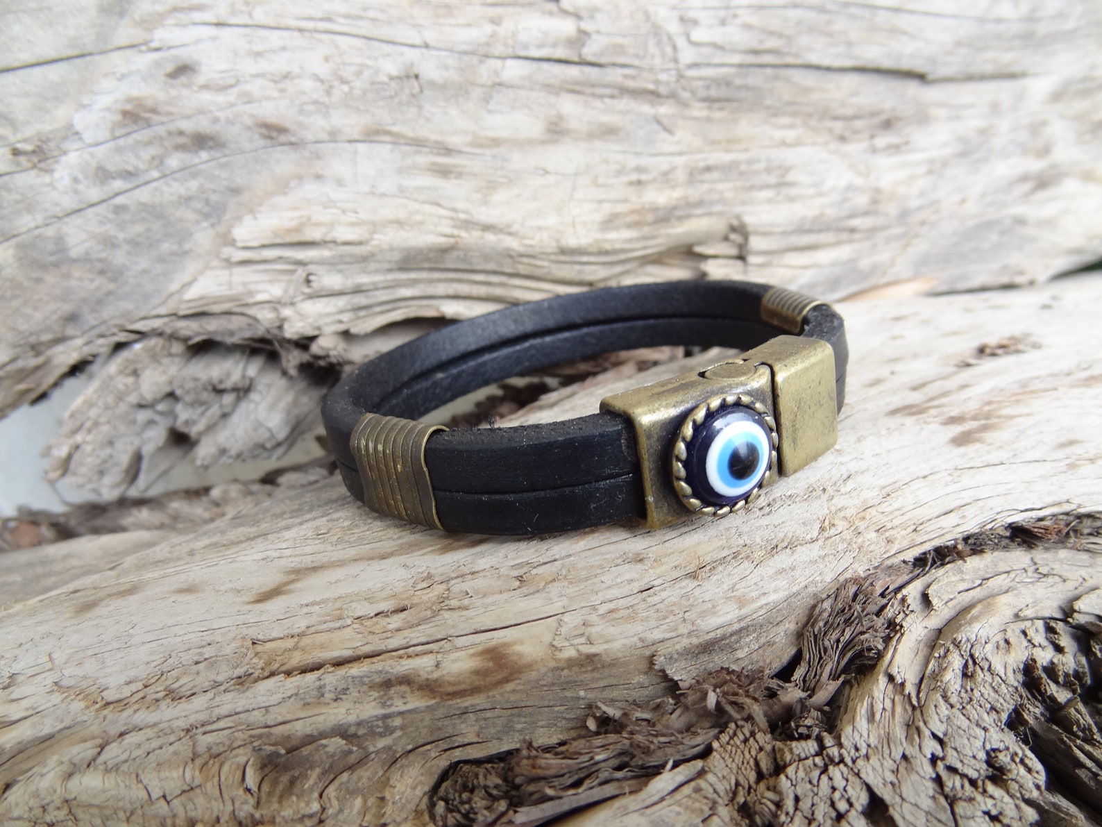Men's Evil Eye Bracelet, Black Thick Leather and Bronze Evil Eye, Men's ...
