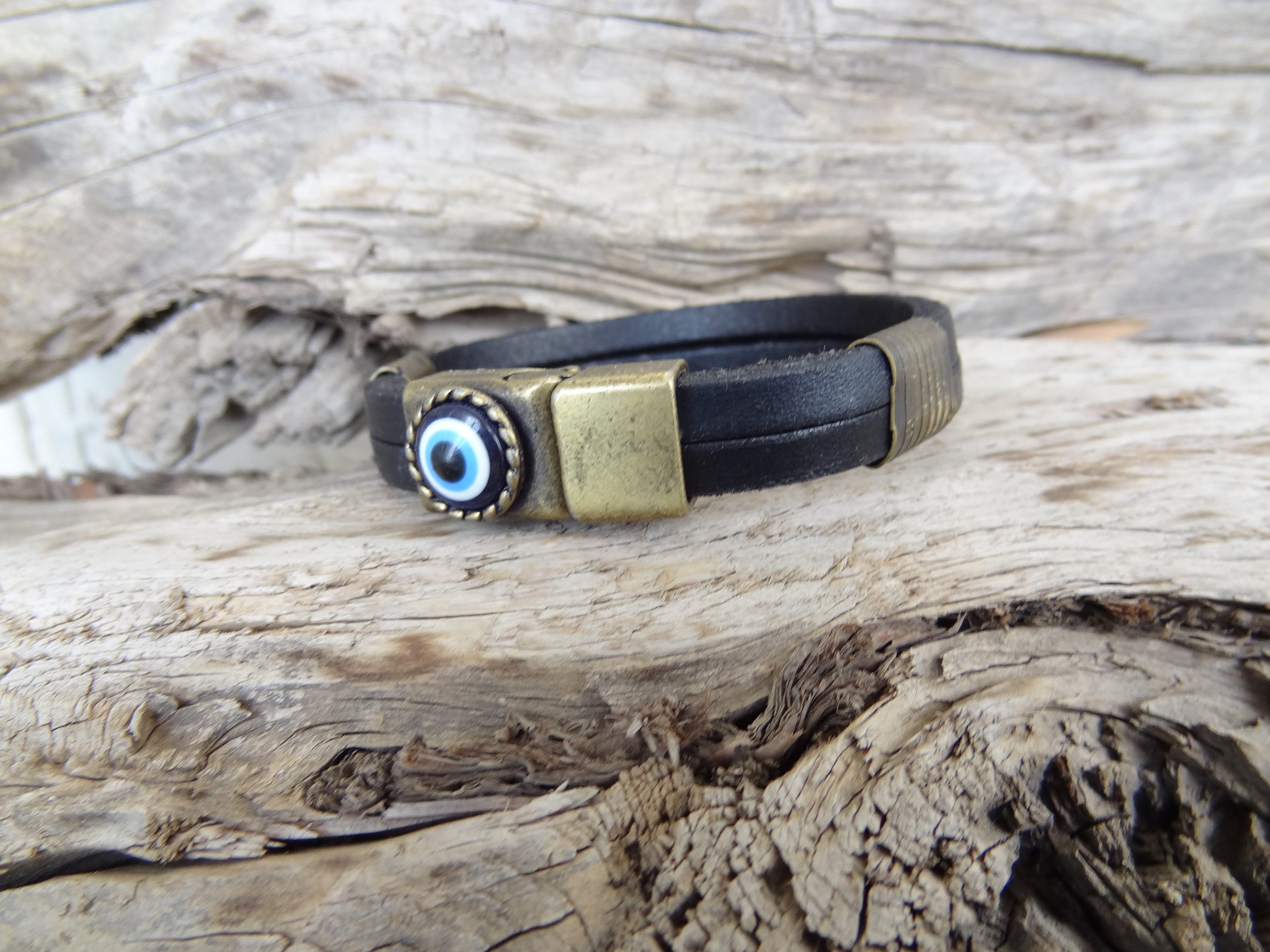 Men's Evil Eye Bracelet, Black Thick Leather and Bronze Evil Eye, Men's ...
