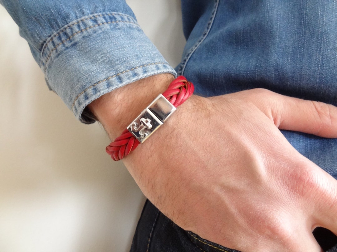 Red Thick Braided Leather Bracelet, High Quality Leather, Men's Jewelry ...