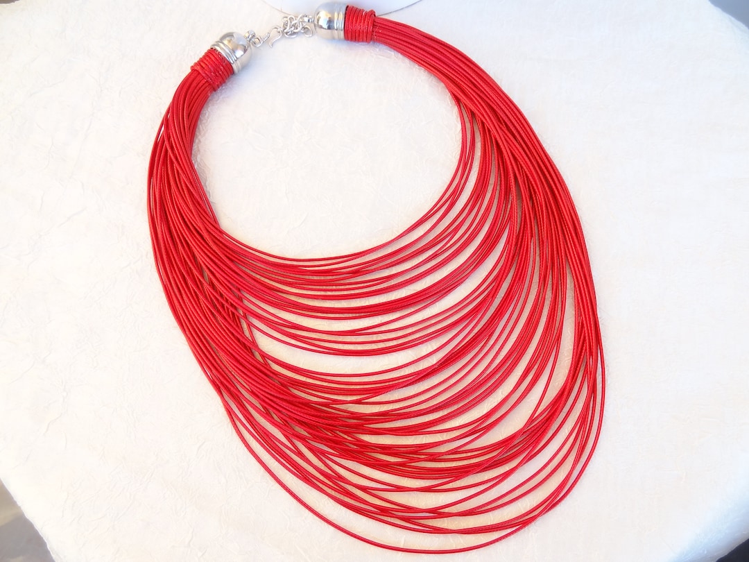 Collar Multi Strand, Statement Jewelry, Red Leather Look Rope, Cord ...
