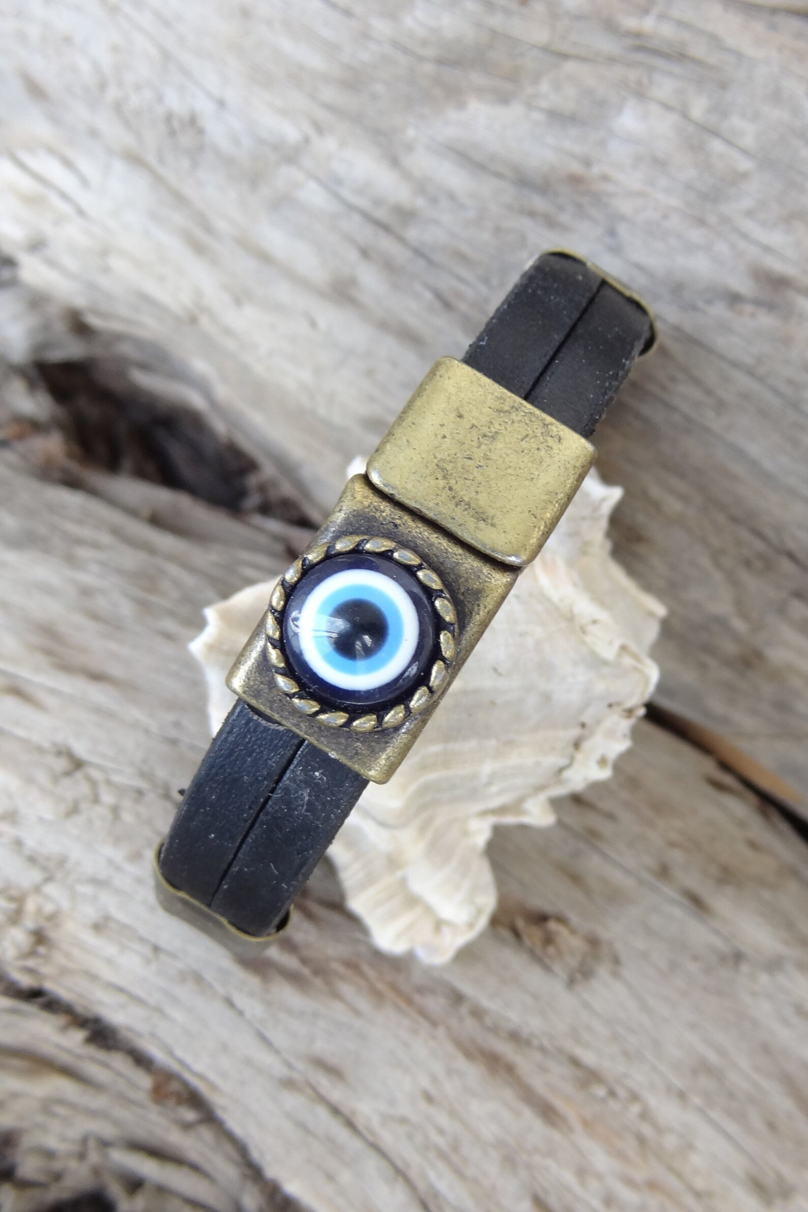 Men's Evil Eye Bracelet, Black Thick Leather and Bronze Evil Eye, Men's ...