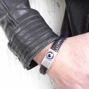 Men's Evil Eye Bracelet, Black Braided Thick Imitation Leather, Men's ...