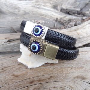 Men's Evil Eye Bracelet, Black Braided Thick Imitation Leather, Men's ...
