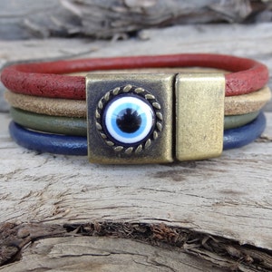Men's Evil Eye Bracelet, Multicolor Leather Bracelet, Bronze Magnetic ...