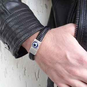 Men's Evil Eye Bracelet, Black Braided Thick Imitation Leather, Men's ...