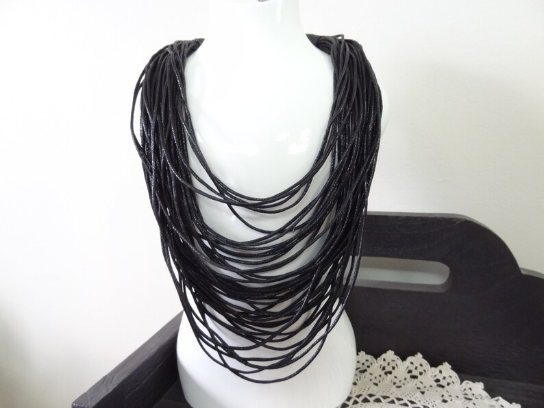 Multi Strand Necklace, Statement Jewelry, Black Leather Look Rope, Cord ...